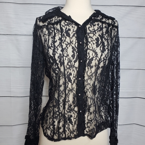 White Stag | Tops | White Stag Black Sheer Lace Button Down Blouse | Poshmark